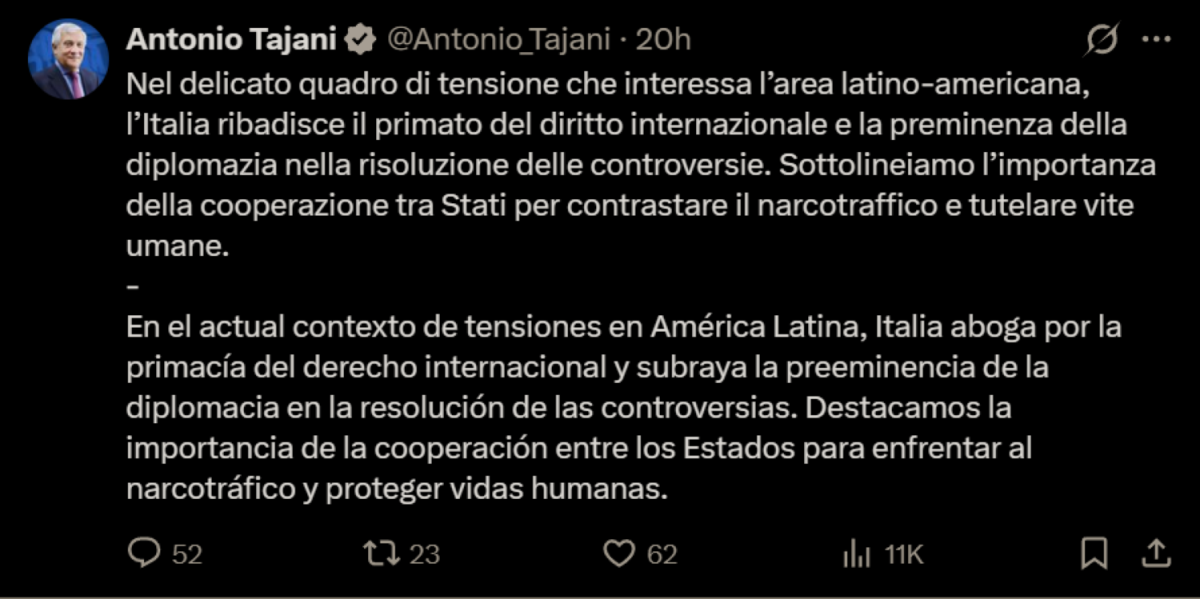 Tajani sulle tensioni latino-americana: l’Italia sostiene la diplomazia ...